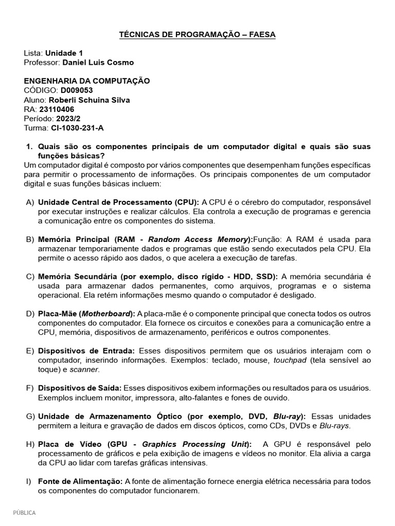 Exercício - Técnicas de Programação - Lista 1 - Resolução | PDF ...