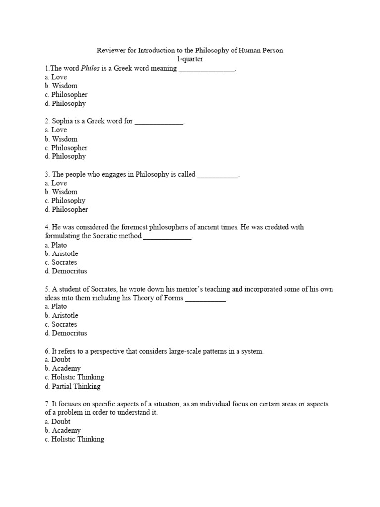 1st Quarter Exam Sample Introduction To The Philosophy of Human Person ...