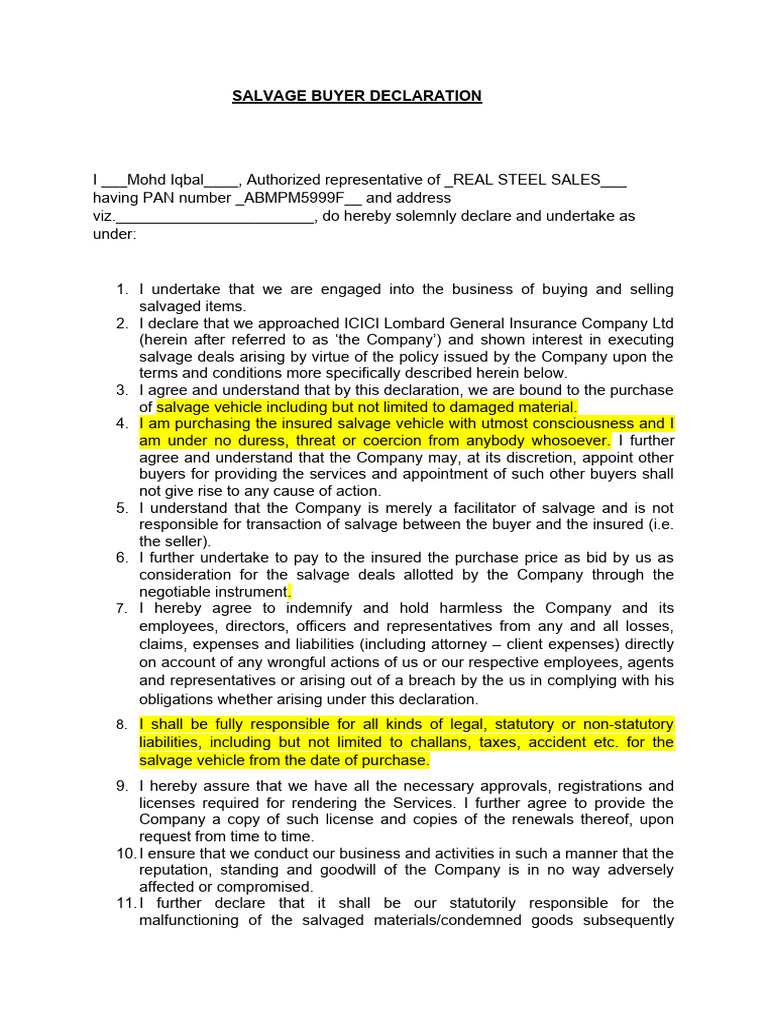 Salvage Buyer Declaration Form | PDF | Indemnity | Insurance
