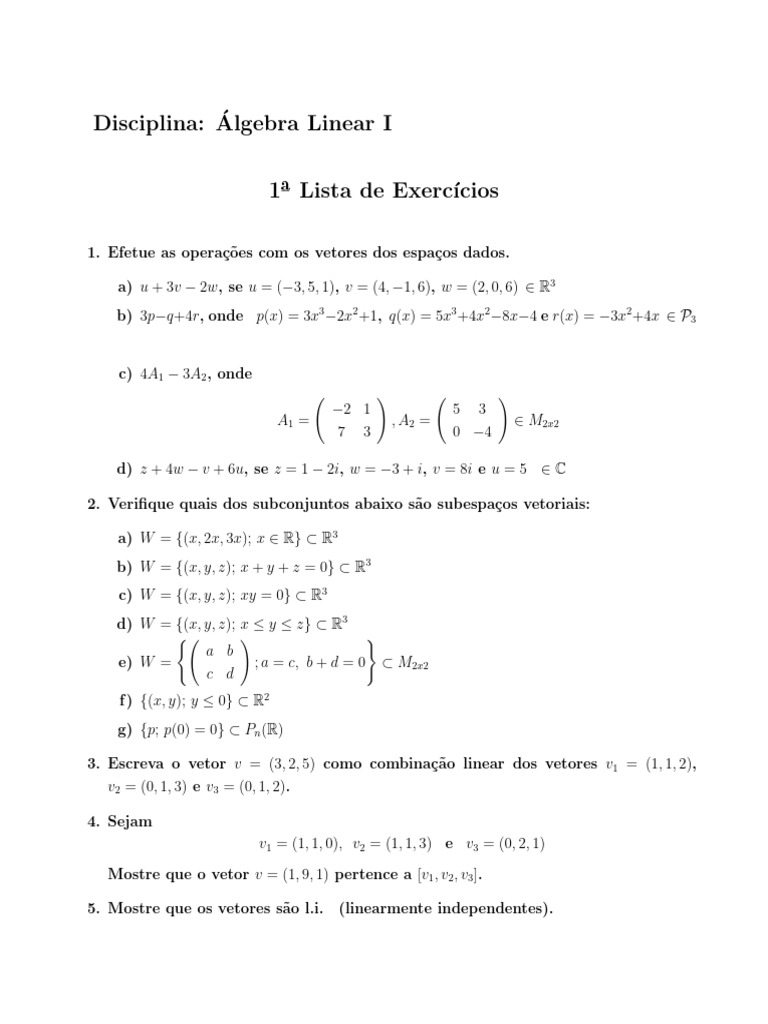 Lista 1 Álgebra | PDF | Métodos e Materiais de Ensino