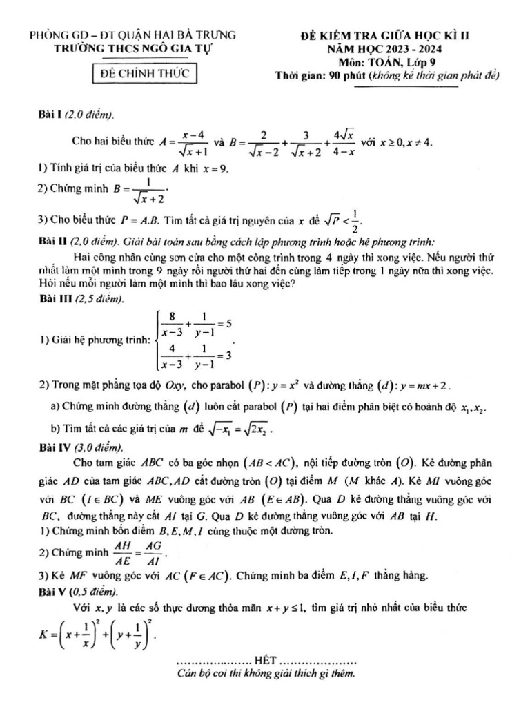De Giua Hoc Ki 2 Toan 9 Nam 2023 2024 Truong Thcs Ngo Gia Tu Ha Noi | PDF