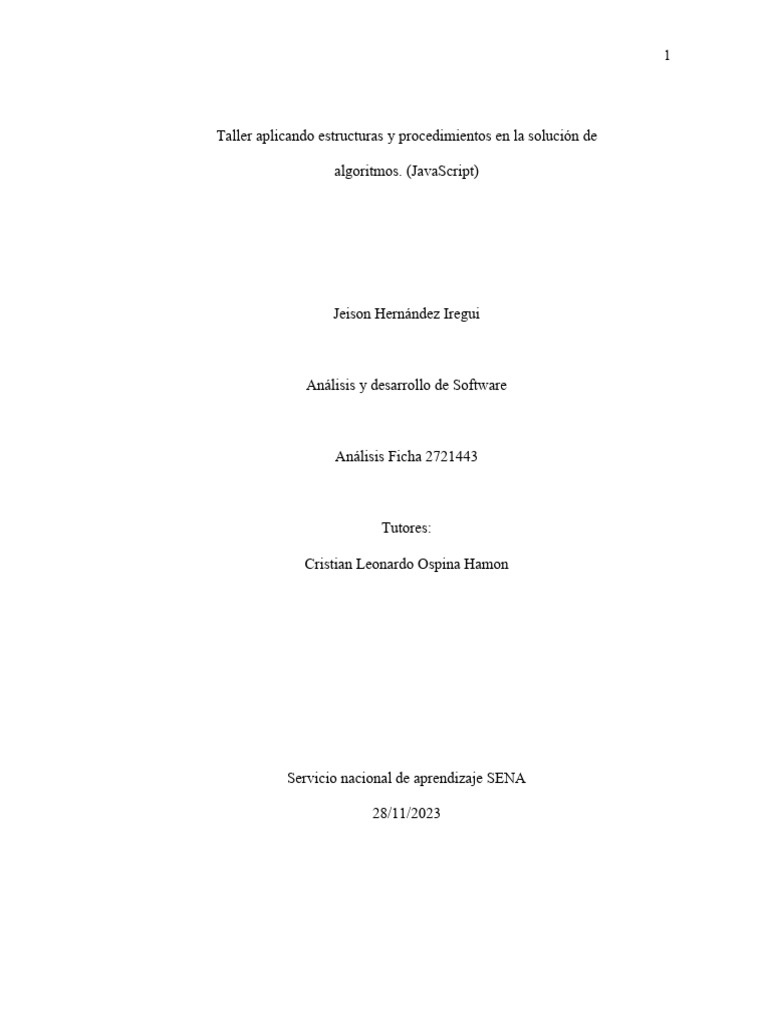 Evidencia Taller Aplicando Estructuras y Procedimientos en La Solución de Algoritmos ...