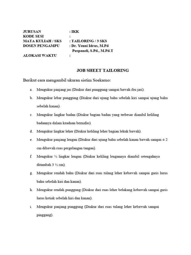 PutriMardhatillah - 21075180 - JOB SHEET TAILORING Pola Soekarno OK | PDF