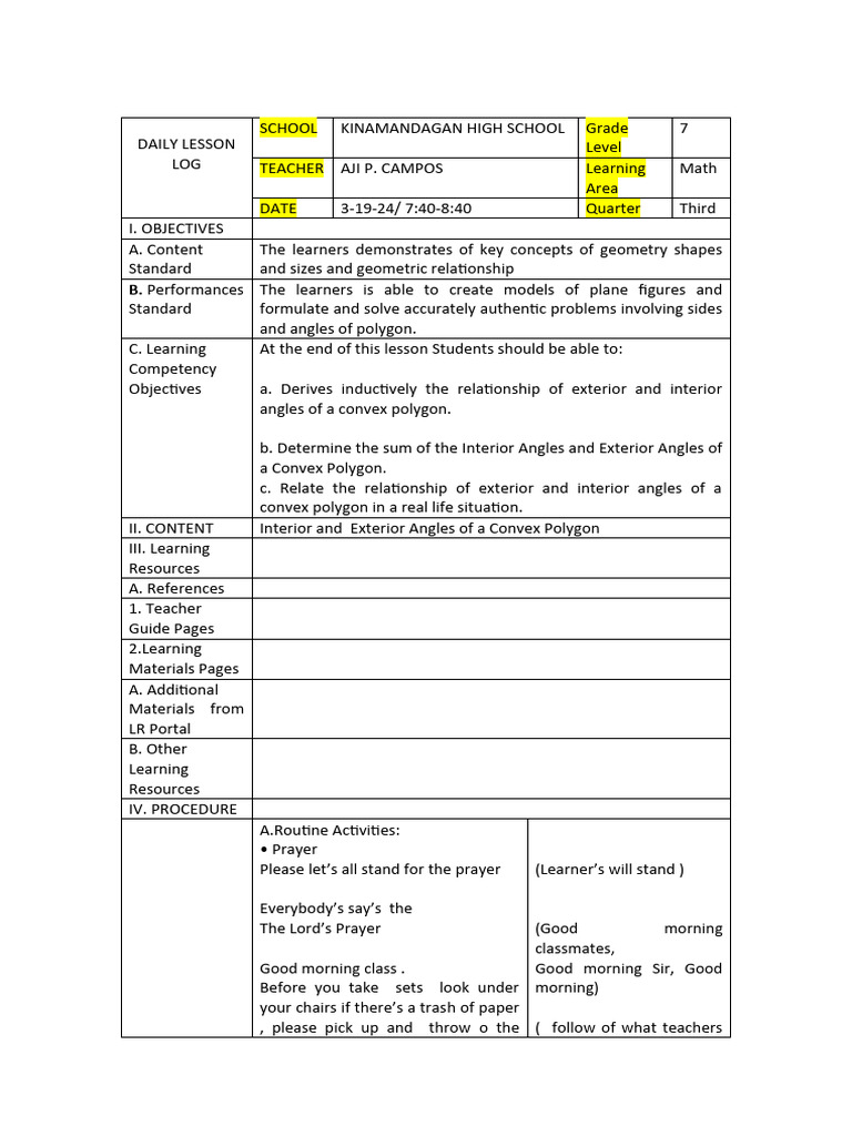 Grade7 Interior and Exterior of Cconvex Polygon | PDF | Angle | Polygon