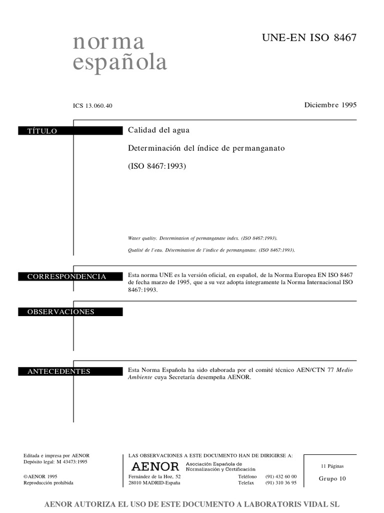 UNE-EN - ISO - 8467-Oxidabilidad Al Permanganato | PDF | Agua potable | Agua