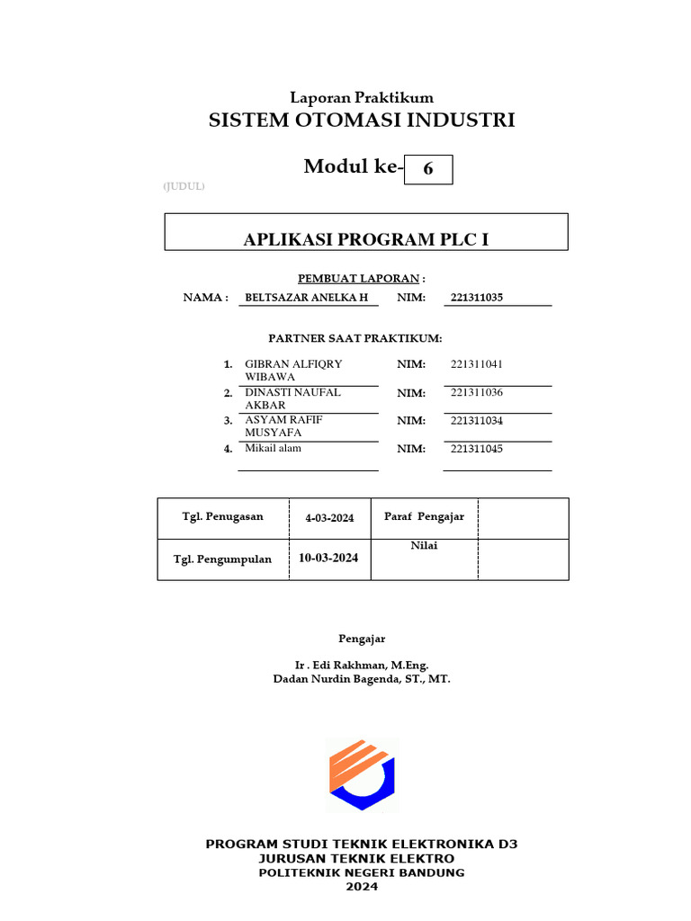 APLIKASI PROGRAM PLC - Beltsazar Anelka H - 035 - Modul VI | PDF
