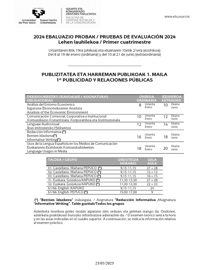 Fechas Exámenes Publi - 1cuatri - 2023-24 | PDF | Vascos | País Vasco (Comunidad Autónoma)