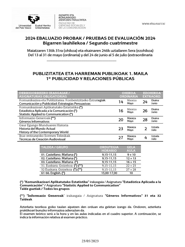 Fechas Exámenes Publi - 2cuatri - 2023-24 | PDF