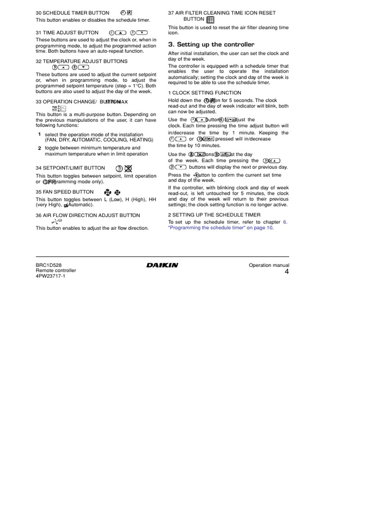 User Manual Daikin BRC1D52 (English - 20 Pages) | PDF | Clock
