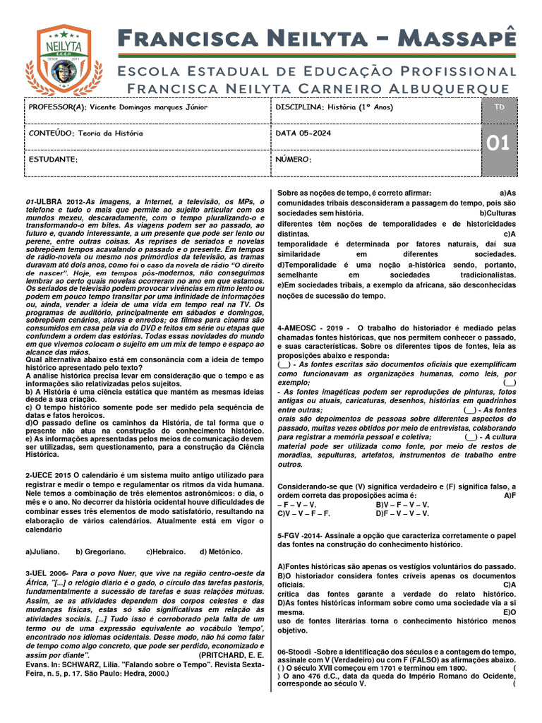 Td01 - História 1º Ano | PDF | Tempo | Conhecimento