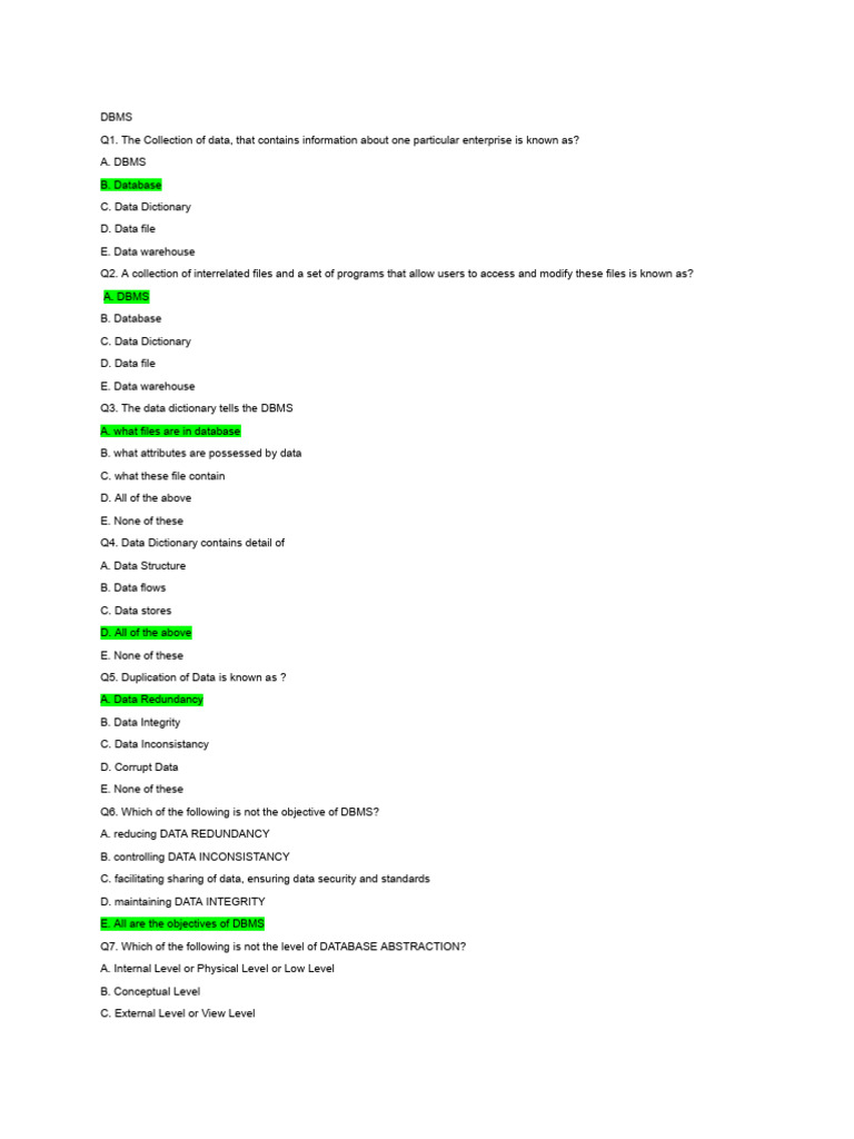 DBMS MCQ | PDF | Databases | Relational Database
