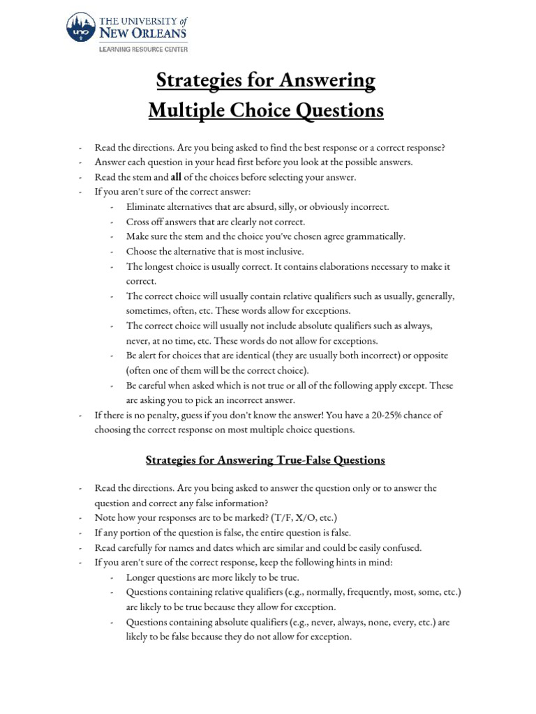 Test Taking Strategies Guide | PDF | Multiple Choice | Question