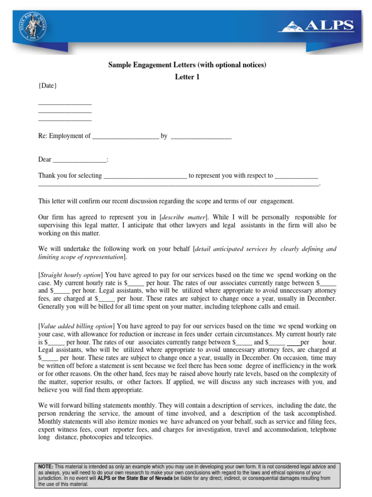 Sample Engagement Letters 2 Nv1 | PDF | Lawyer | Attorney's Fee