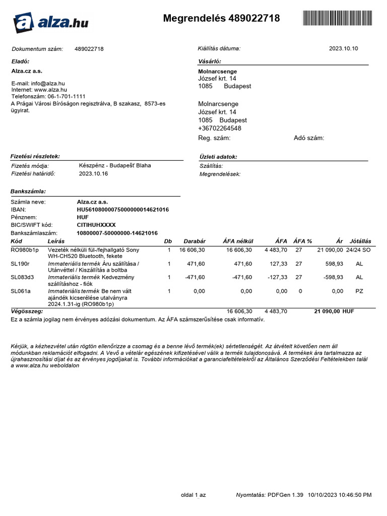Megrendelés: Molnarcsenge Alza - CZ A.S | PDF