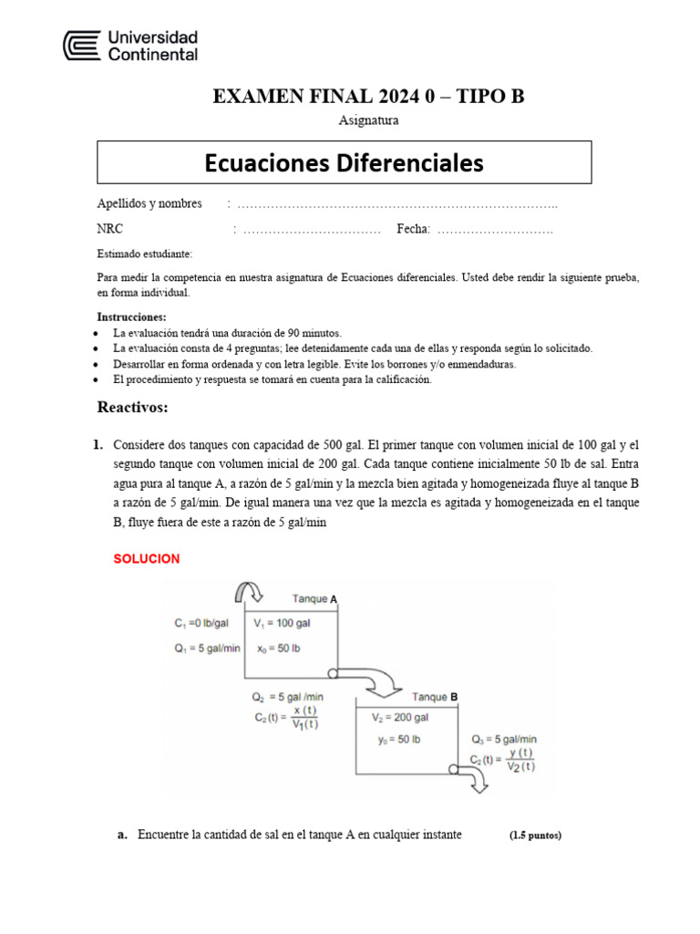 Examen Final 2024 00 Tipo B | PDF | Ecuaciones | Ecuaciones diferenciales