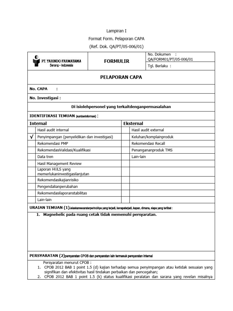 contoh pengisian CAPA audit _11 | PDF