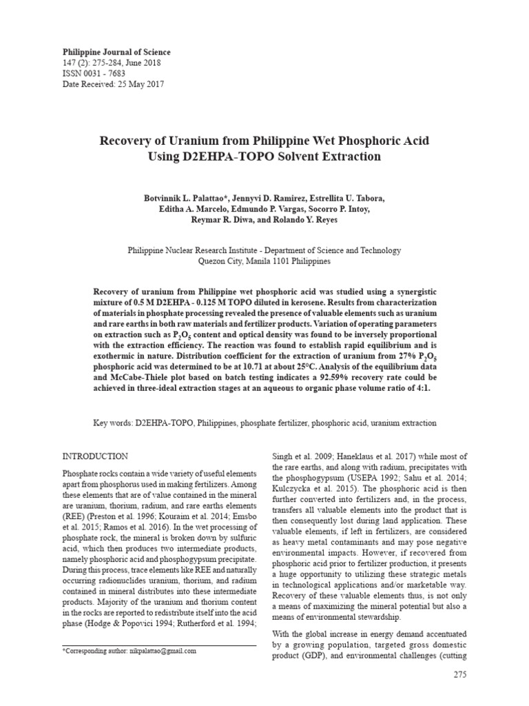 Recovery of Uranium From Wet Pphosphoric Acid | PDF