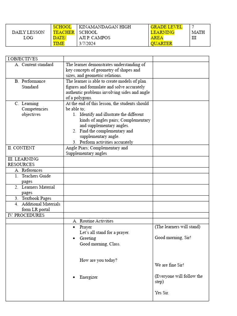 Lesson plan grade 7 complementary | PDF | Angle | Learning
