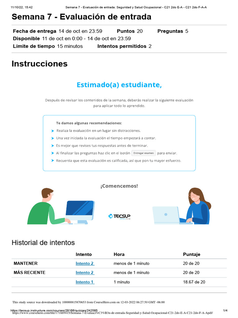 Semana 7 Evaluaci N de Entrada Seguridad y Salud Ocupacional C21 2do E A C21 2do F A A PDF | PDF ...