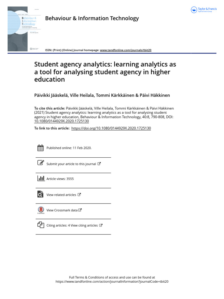 Learning Analytics as a Tool for Analysing Student Agency in Higher Education | PDF | Analytics ...