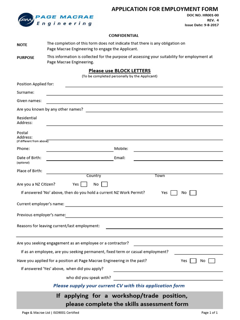 Hr001 00 Application For Employment Form 2 Pdf