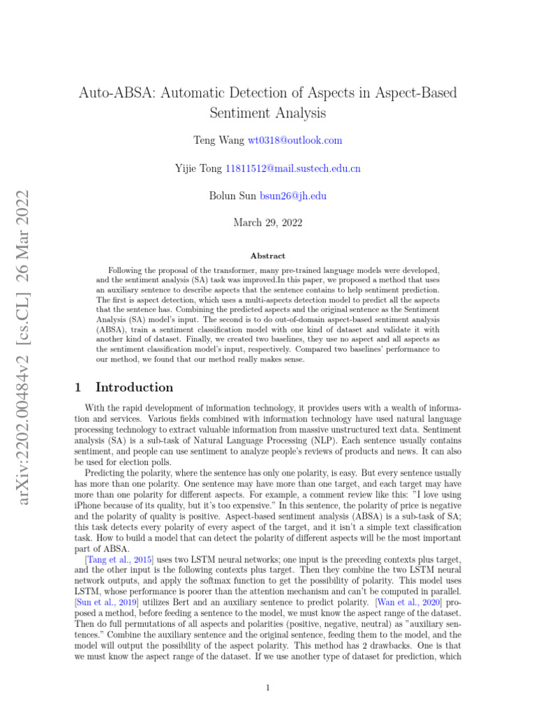 Auto-ABSA Automatic Detection of Aspects in Aspect-Based Sentiment Analysis | PDF | Dependent ...