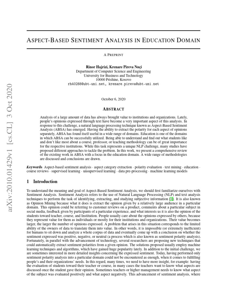 Aspect Based Sentiment Analysis In Education Domain Download Free Pdf Machine Learning 