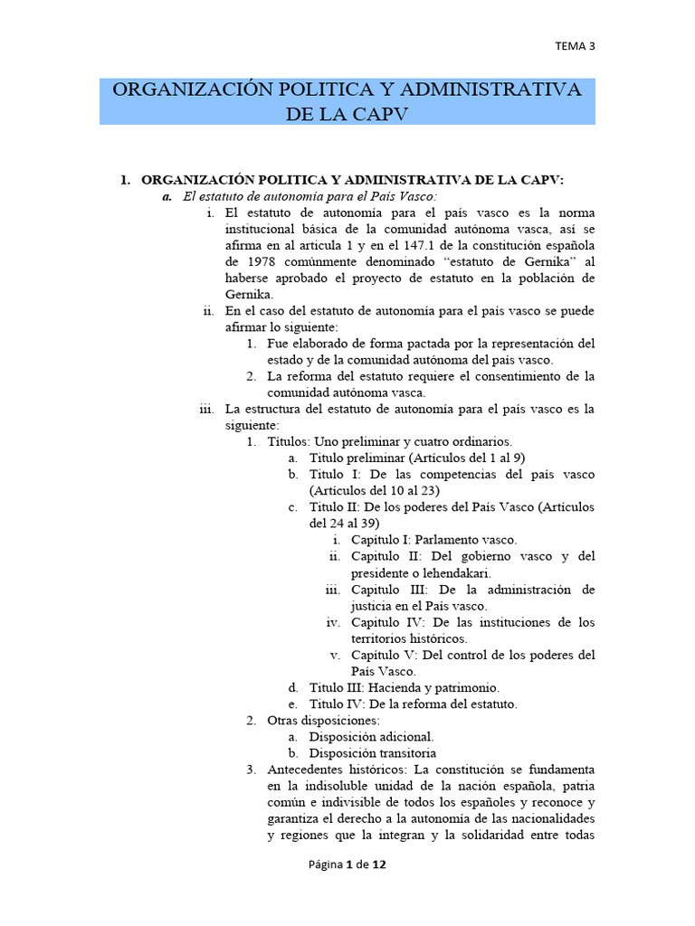 Tema 4. Organizacion Politica y Administrativa de La CAPV | PDF