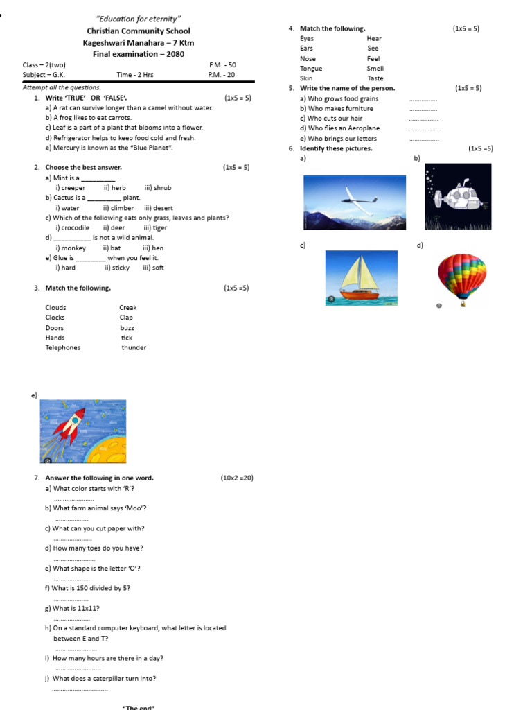 Second Grade G.K. Exam Questions | PDF | Teaching Methods & Materials