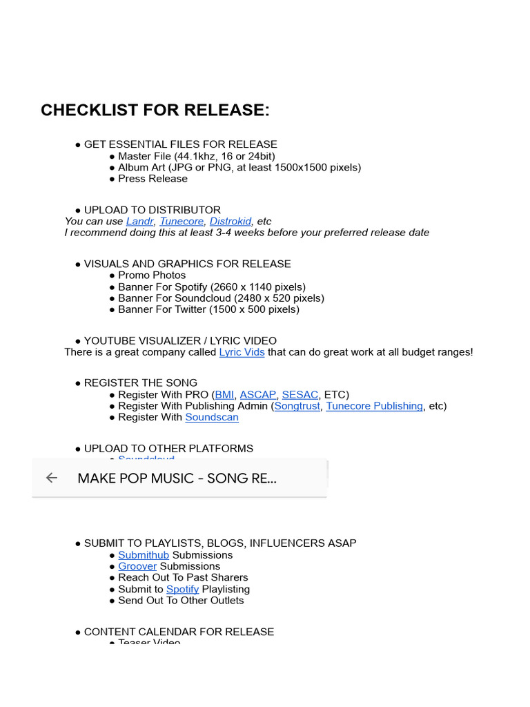Make Pop Music - Song Release Checklist | PDF