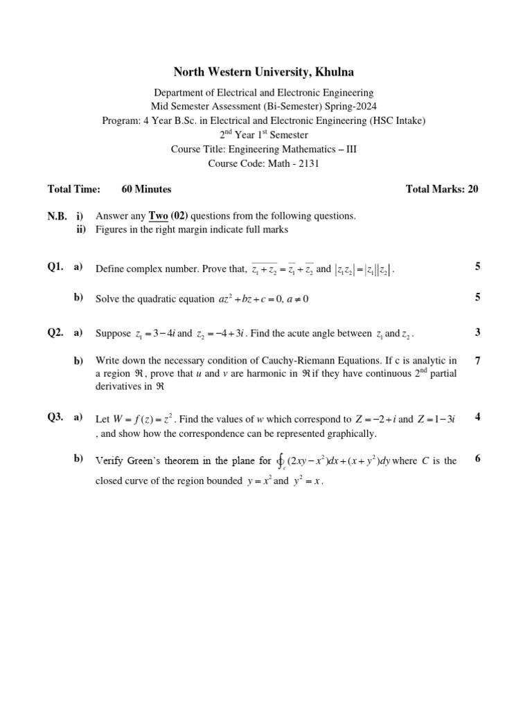 (MID-Term) Spring-2024 - EEE - Math-2131 | PDF