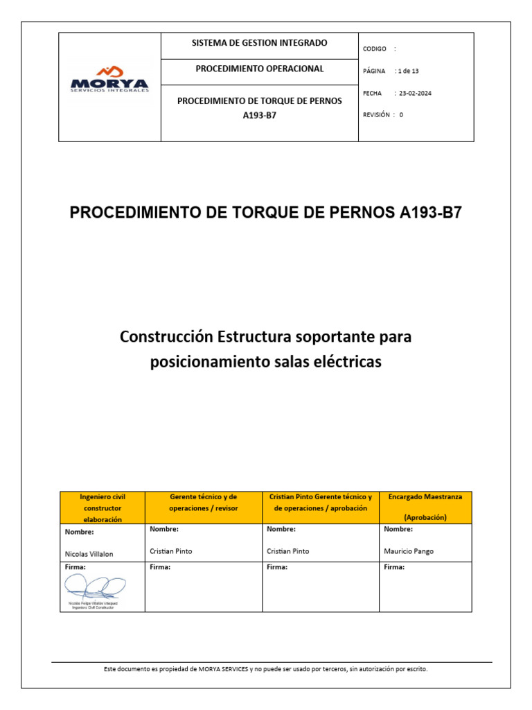 Procedimiento de Torque de Pernos A193-B7 | PDF | Tornillo | Fuerza
