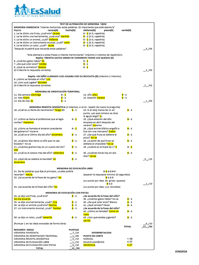 Test de Alteración de Memoria - Formato Adaptado T - Ejemplo 2 | PDF