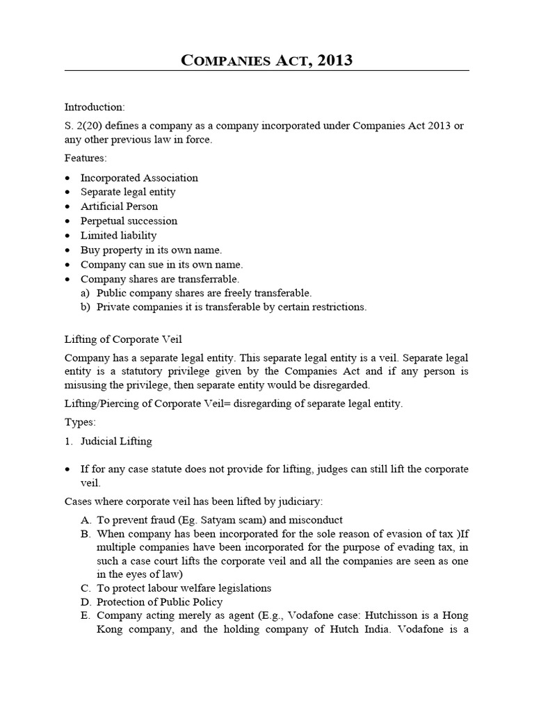 Companies Act Notes | PDF | Piercing The Corporate Veil | Companies