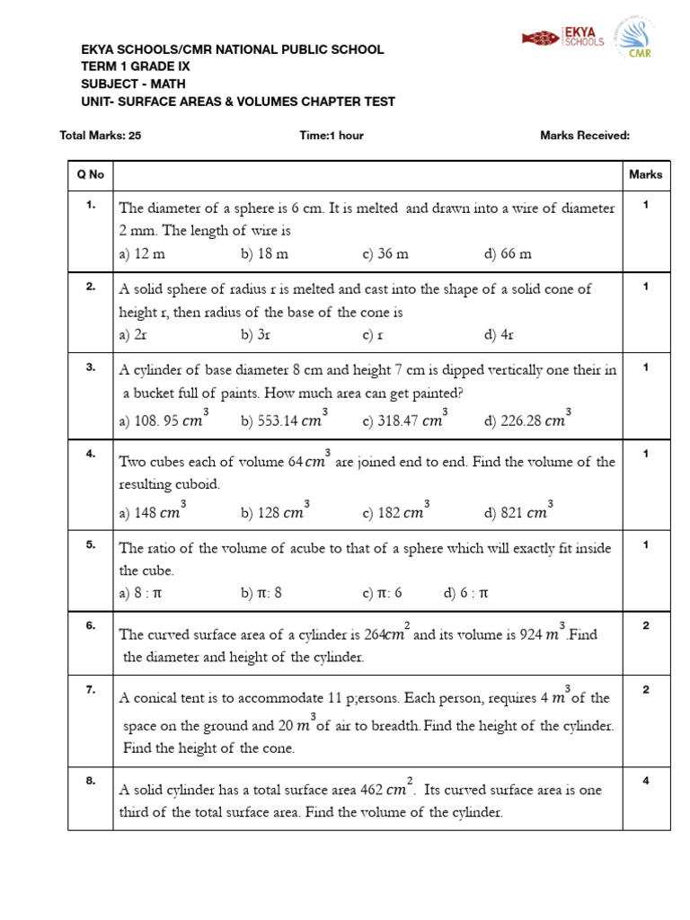 Class 8 ICSE Surface Areas Test | PDF | Sphere | Area
