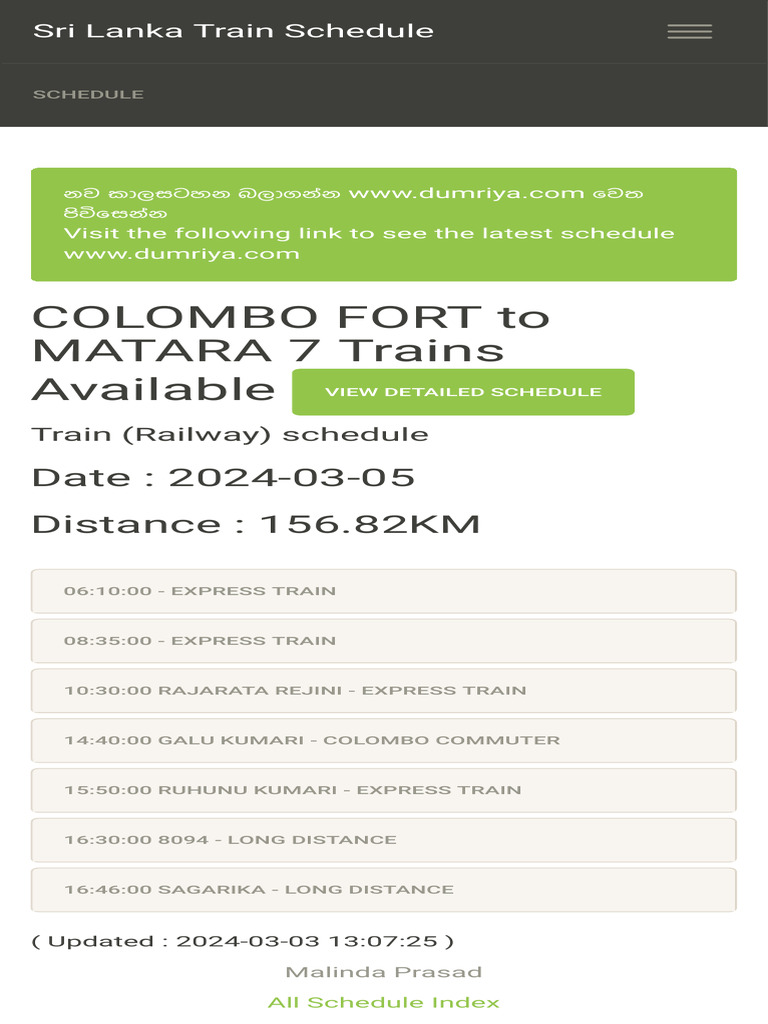 COLOMBO FORT To MATARA Sri Lanka TrainRailway Schedule | PDF