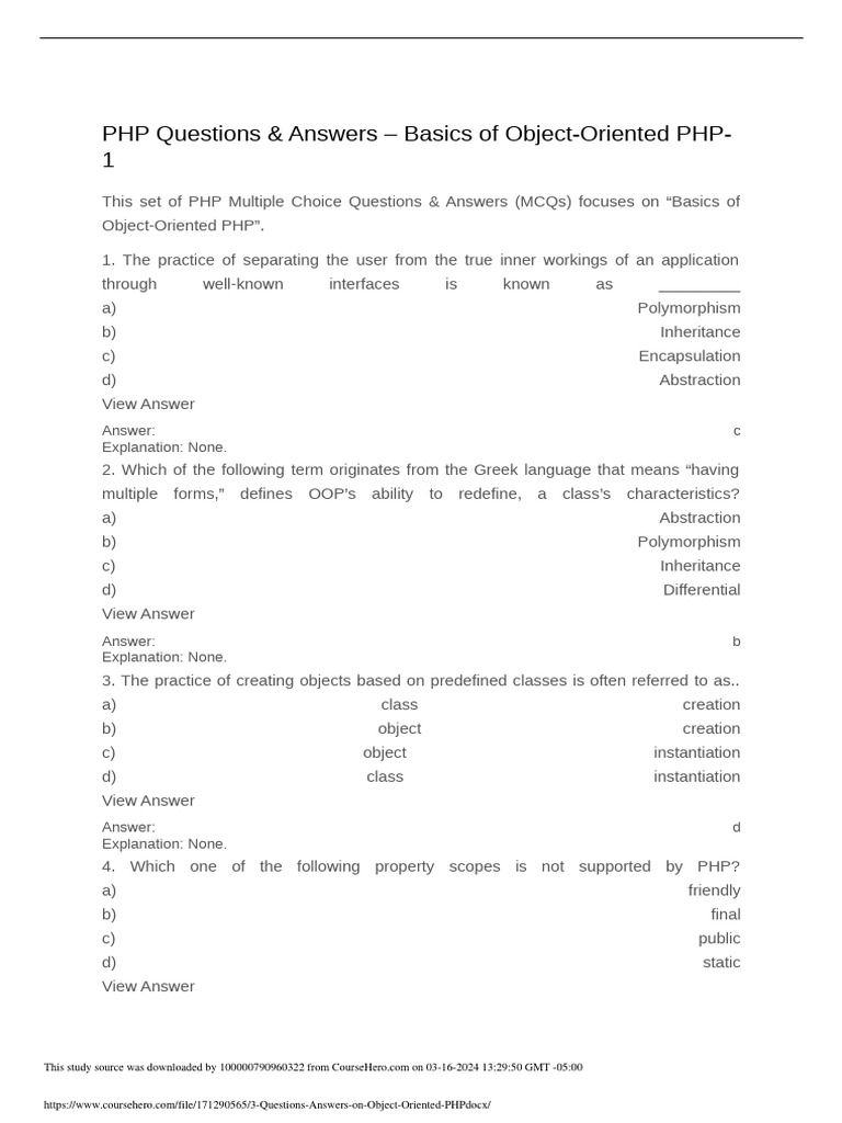 Object-Oriented PHP MCQs and Answers | PDF | Class (Computer Programming) | Object Oriented ...