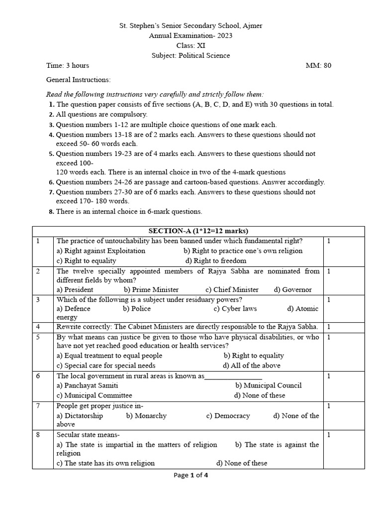 Class 11 Political Science Exam Pattern | PDF | Dignity | Equal Opportunity
