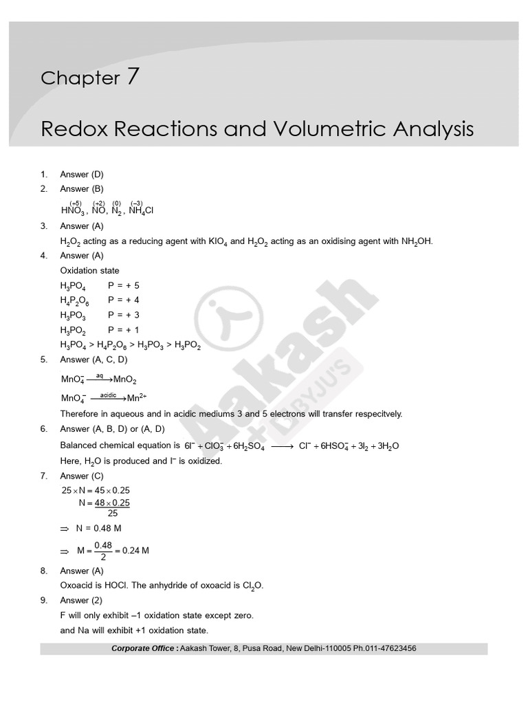 C - Sol - Ch-07 - Redox Reactions and Volumetric Analysis | PDF | Redox ...
