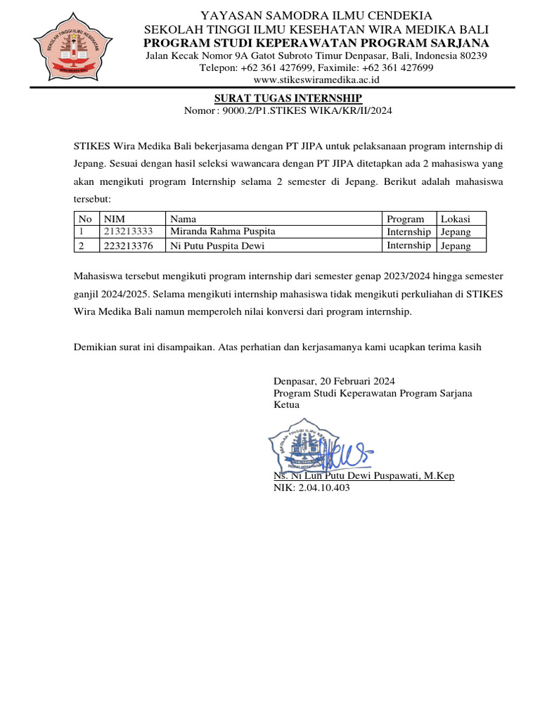 Surat TUGAS Internship Genap 2324ganjil 2425 Fix | PDF