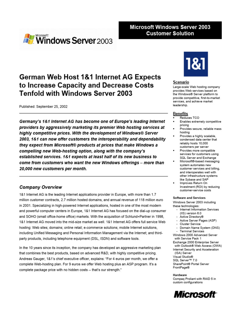 1 - 1InternetAG - Windows Server 2003 Case Study | PDF | Microsoft Exchange Server | Internet