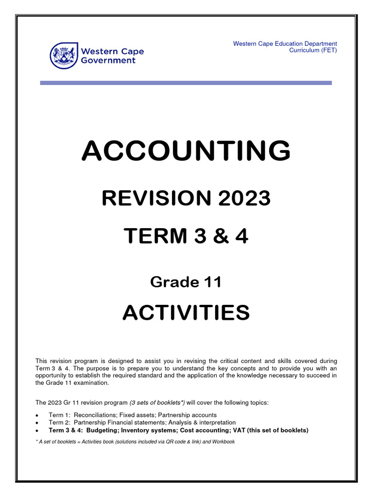 Accounting Grade 11 Revision Terms 3 and 4 - 2023 | PDF
