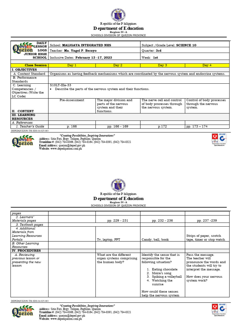 G10, Q3, WK 1 - DLL 2022-2023 | PDF | Nervous System | Nerve
