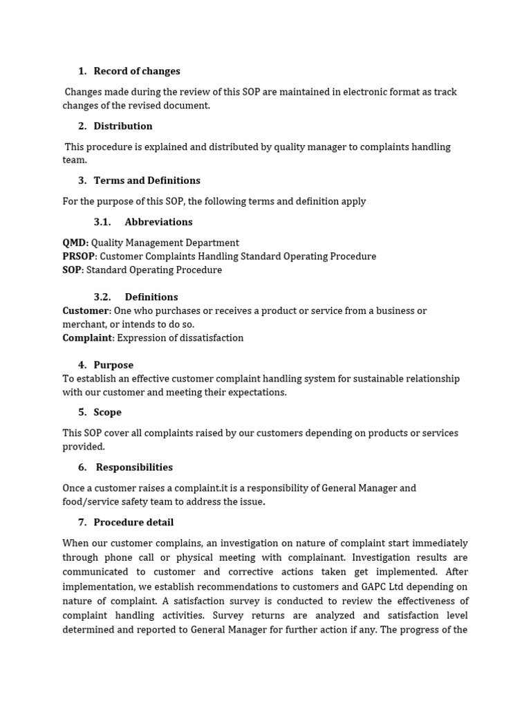 Customers Complaints Handling Standard Operating Procedure | PDF ...