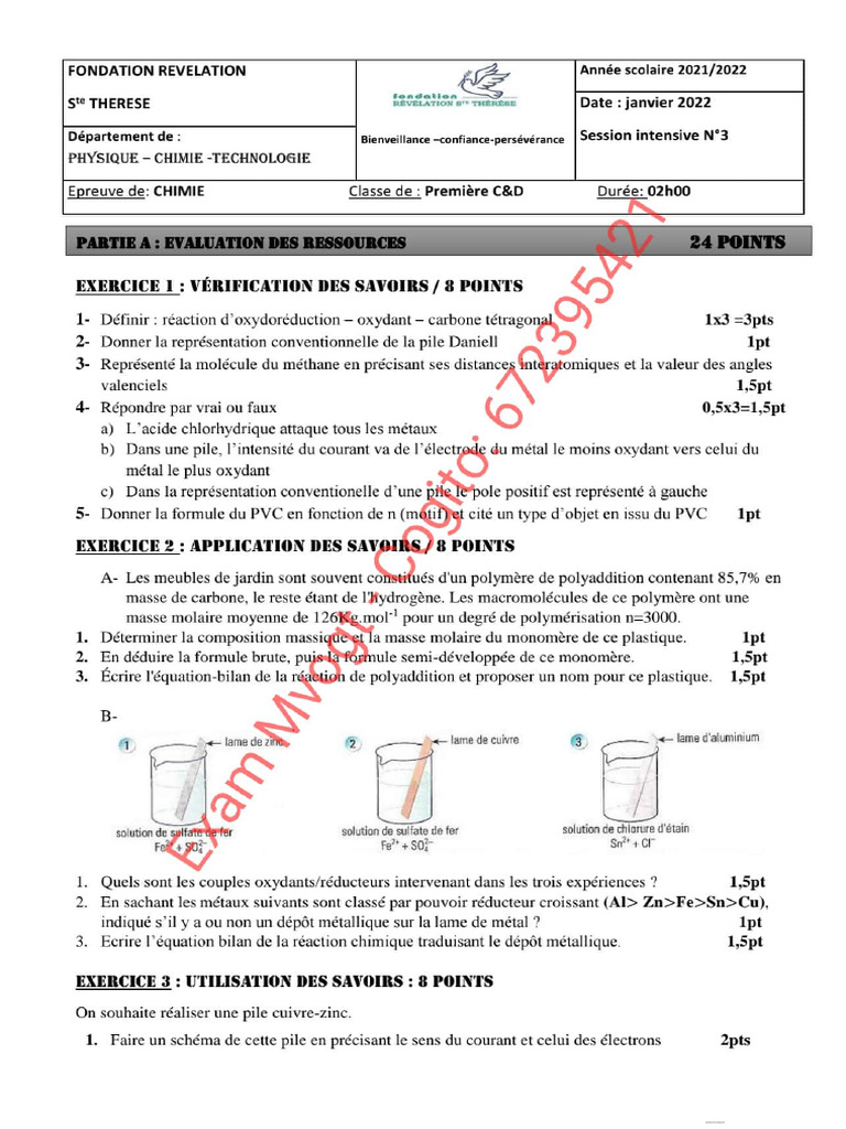 Epreuve de Chimie Premiere C D Janvier 2022 | PDF