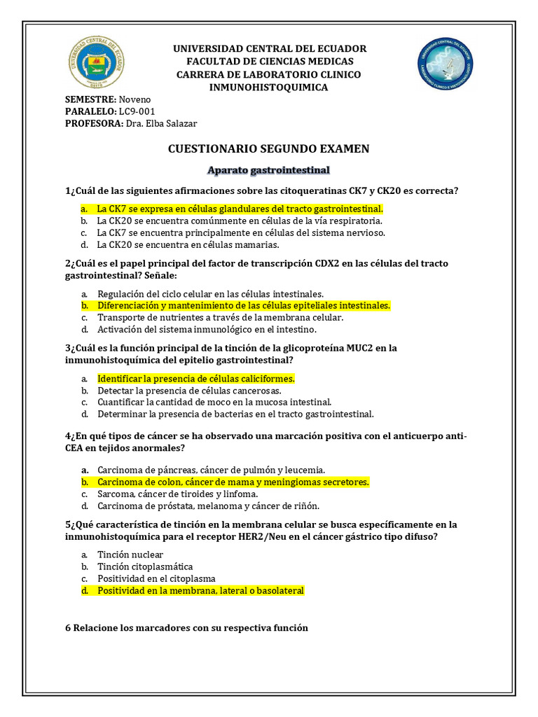 Cuestionario Examen 2 IHQ | PDF | Cáncer | Epitelio