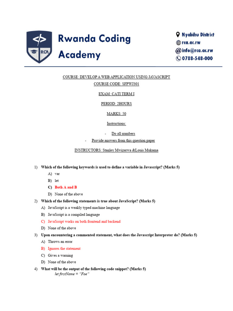 End of Term One Js Exam - Marking Guide | Download Free PDF | Java Script | Computer Programming