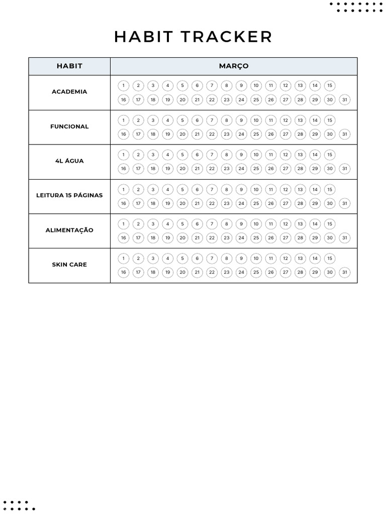 Minimalist White Habit Tracker Circle Checklist Planner | PDF