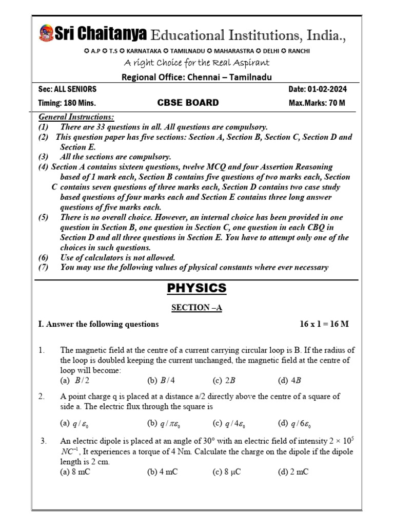 2023-24 - All Seniors - Cbse Board - Physics (Selected Topics) Q.paper ...