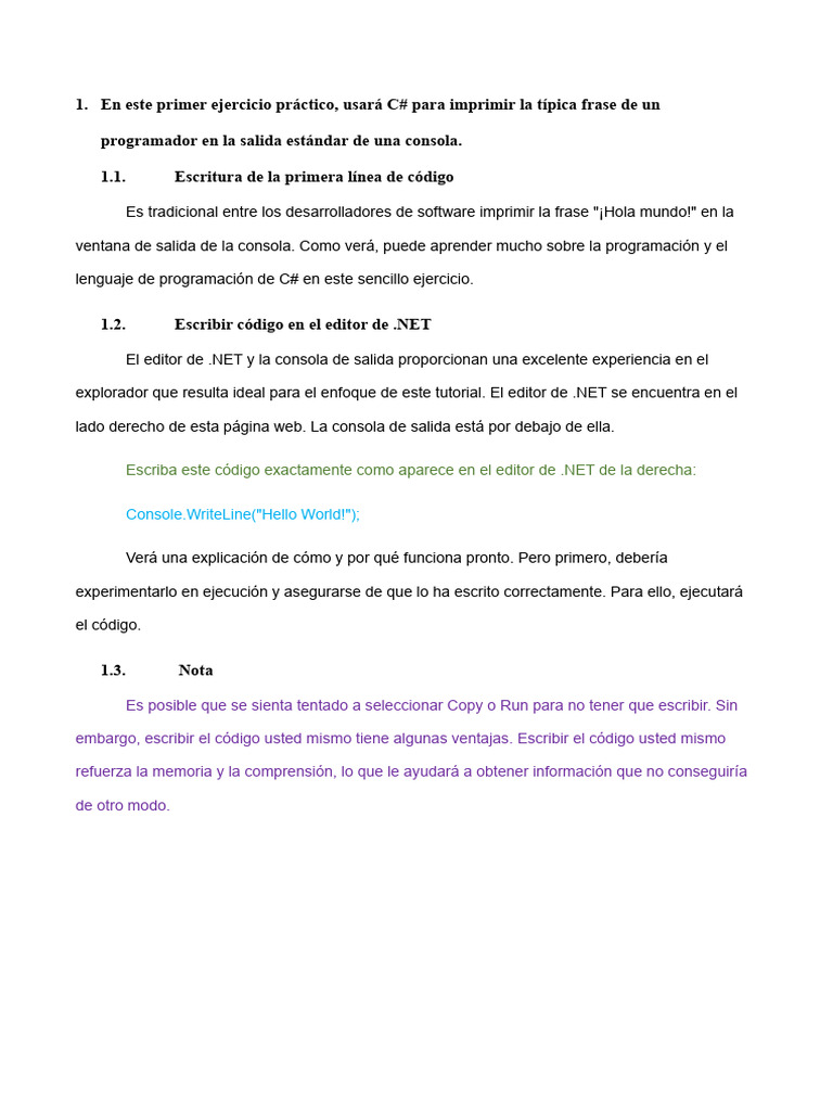 1 Escritura Del Primer Código Con C# (Introducción A C#, Parte 1) | PDF ...